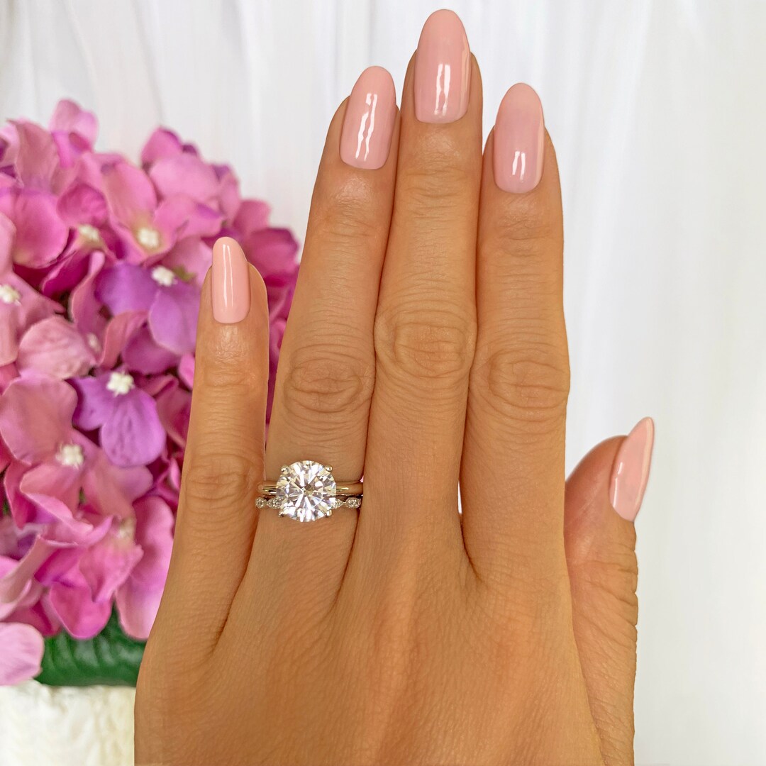 3 Ct Classic V Style 4 Prong Solitaire Bridal Set, Art Deco Band, Round ...