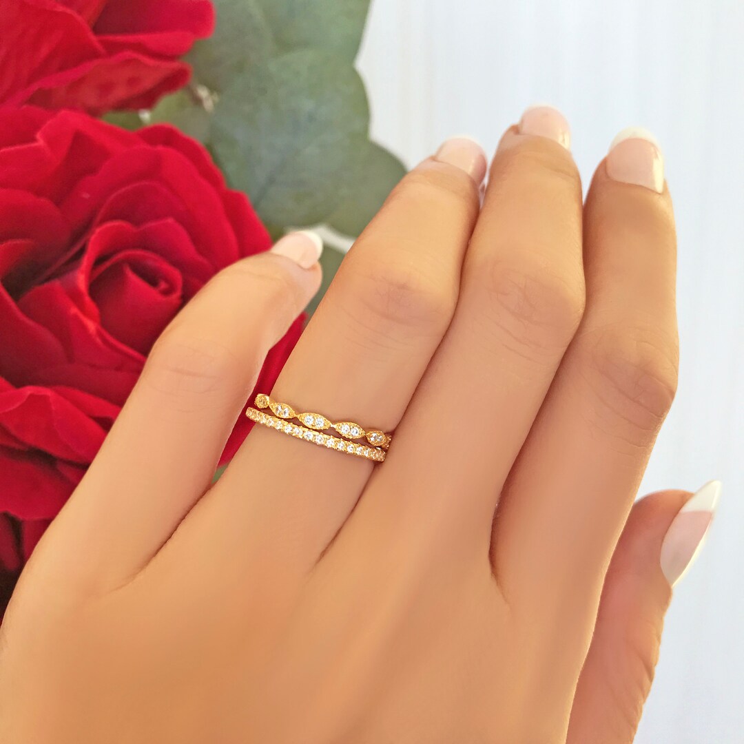 Delicate Art Deco Band Half Eternity Band Set, 1.5mm Stacking Wedding ...