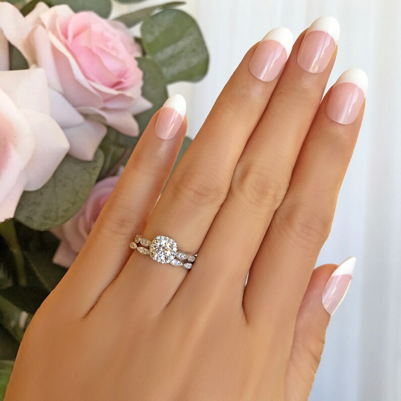 3/4 Ctw Halo Wedding Set Delicate Bridal Rings Man Made - Etsy