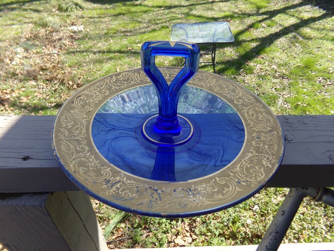Cobalt Blue Snack Tray With Handle Vintage Gold Filigree - Etsy