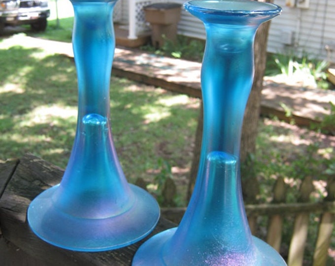 Pair of Iridescent Blue Stretch Glass Candle Holders - Etsy