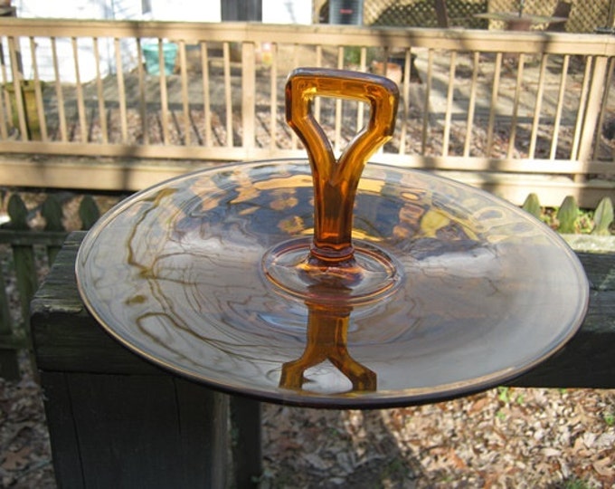 Round Amber Glass Snack Server With Handle Vintage Glass - Etsy