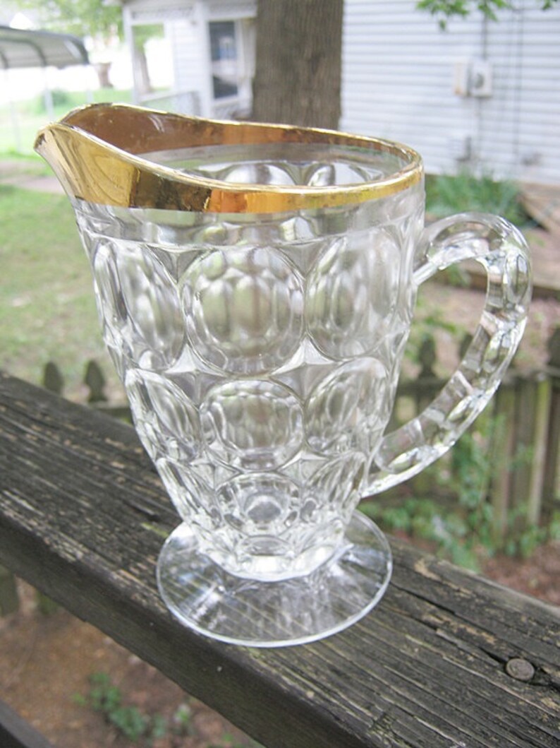 Pressed Glass Pitcher With Gold Trim Thumbprint Design Heavy Etsy