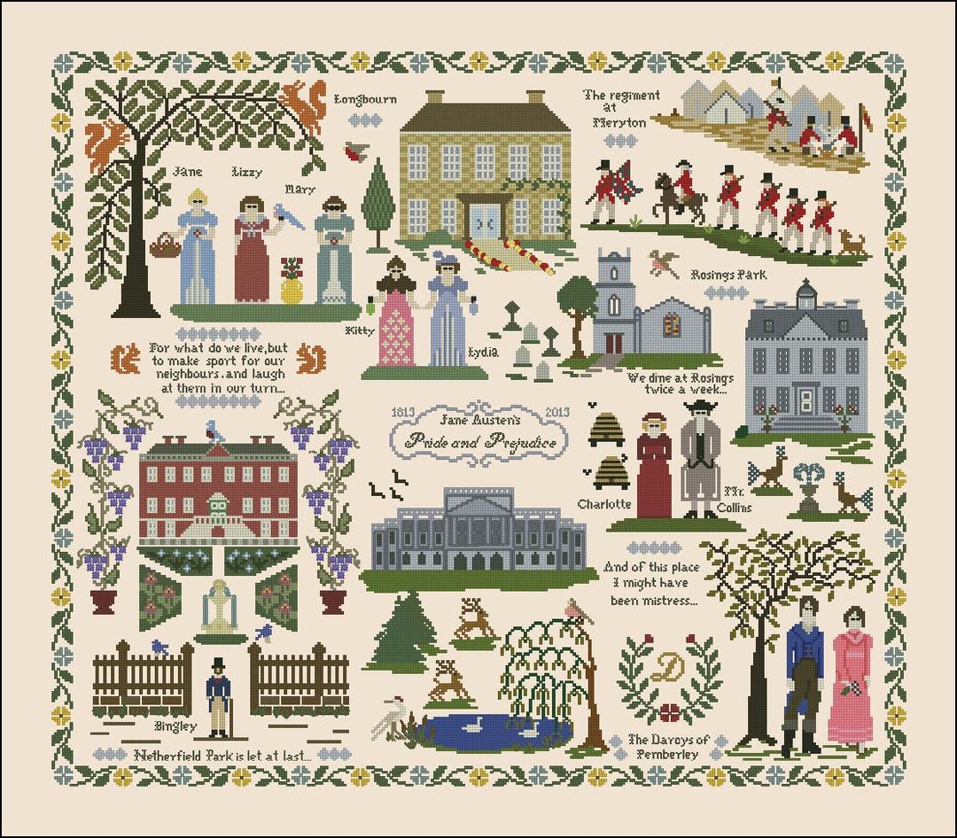 Sampler Pride and Prejudice Cross Stitch Chart PDF Pattern - Etsy