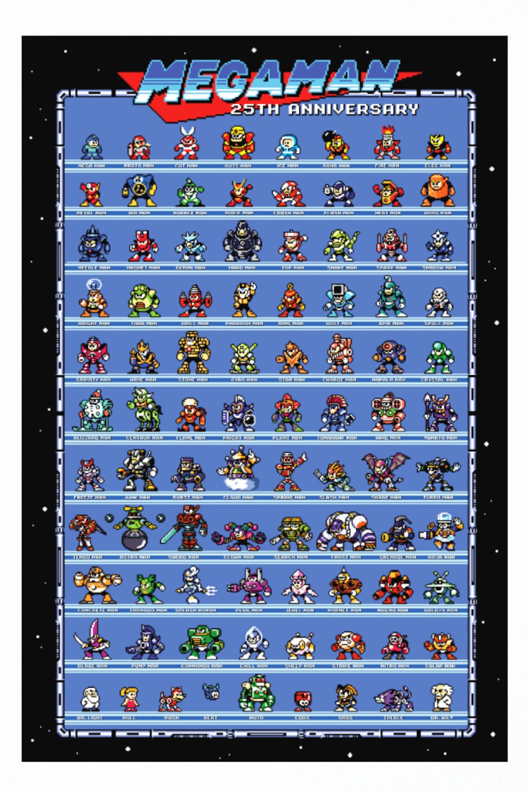 Mega Man 25th Anniversary Retro Poster - Robot Masters 1-10 + More Rock ...