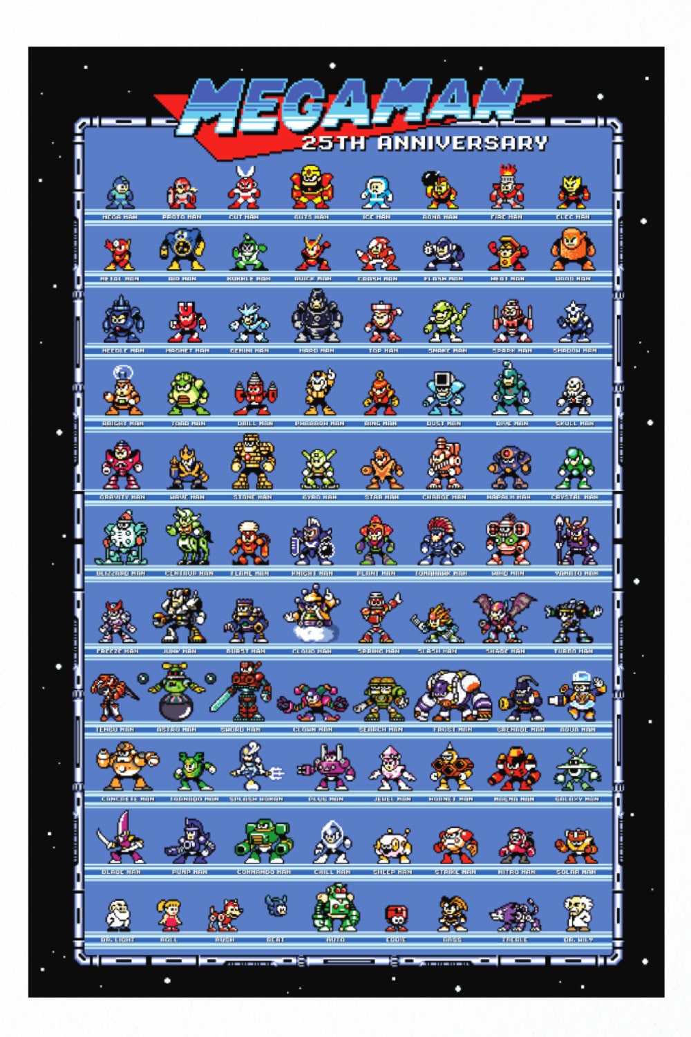 Mega Man 25th Anniversary Retro Poster - Robot Masters 1-10 + More Rock ...