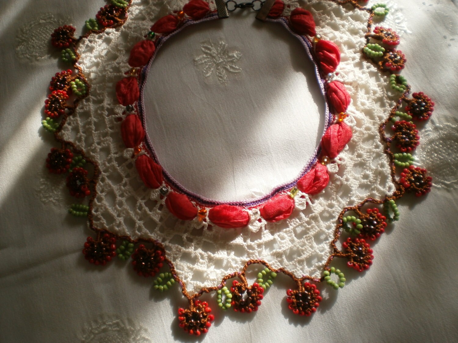 Red Floral Beaded Lace Necklace Traditional Turkish Oya - Etsy Canada