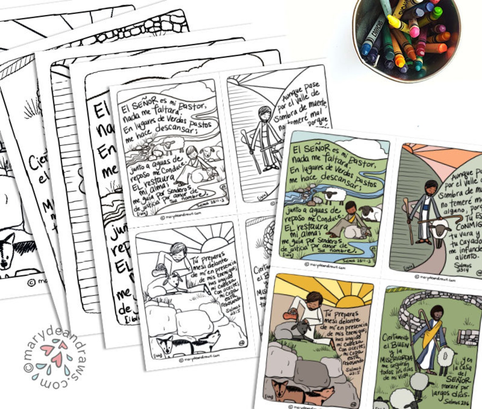 Printable Hand-drawn Psalm 23 SPANISH Bible Verse Memory Cards (color ...