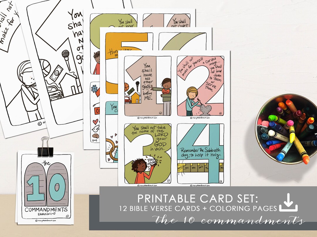 Printable Hand-drawn 10 COMMANDMENTS Bible Verse Cards (color) With ...
