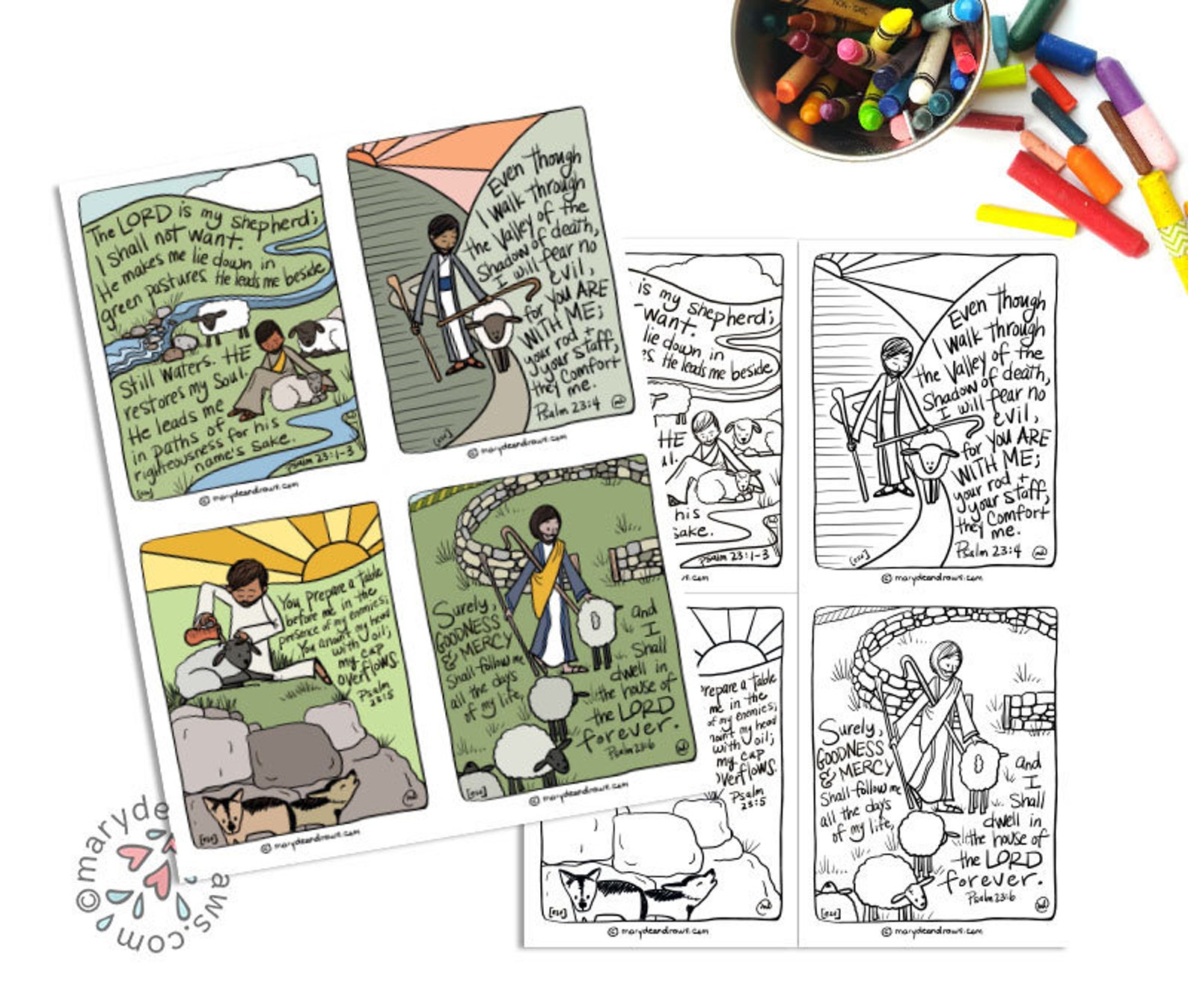 Printable Hand-drawn PSALM 23 Scripture Memory Bible Verse Cards (color ...