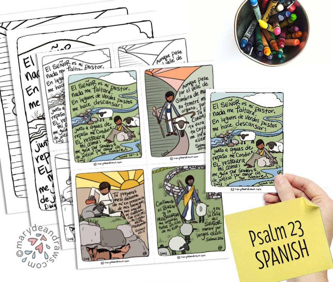 Printable Hand-drawn Psalm 23 SPANISH Bible Verse Memory Cards (color ...