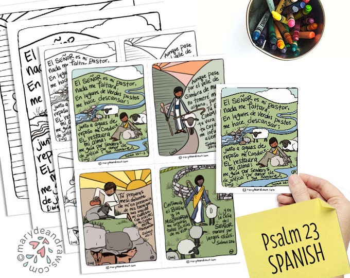 Printable Hand-drawn Psalm 23 SPANISH Bible Verse Memory Cards (color ...