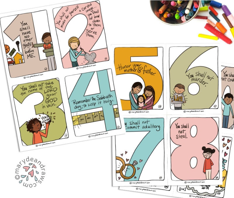 Printable Hand-drawn 10 COMMANDMENTS Bible Verse Cards color - Etsy