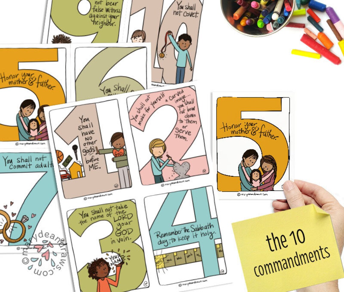 Printable Hand-drawn 10 COMMANDMENTS Bible Verse Cards (color) With ...