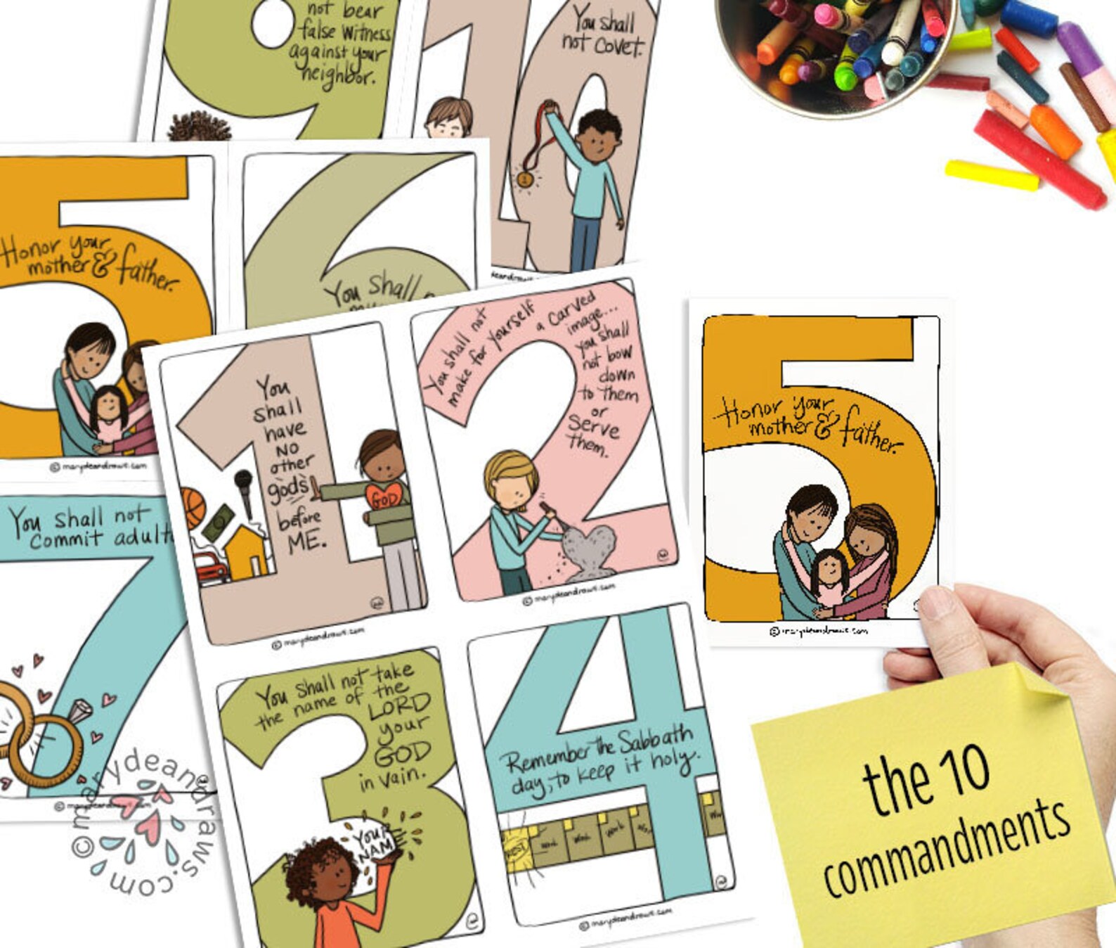Printable Hand-drawn 10 COMMANDMENTS Bible Verse Cards (color) With ...