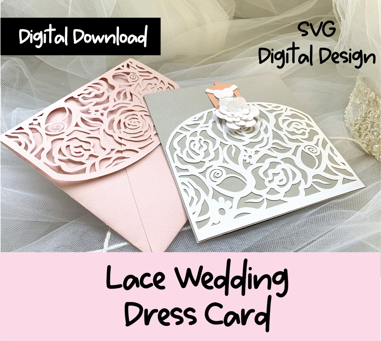 Lace Wedding Dress Card SVG Template for Cutting Machines, Party ...