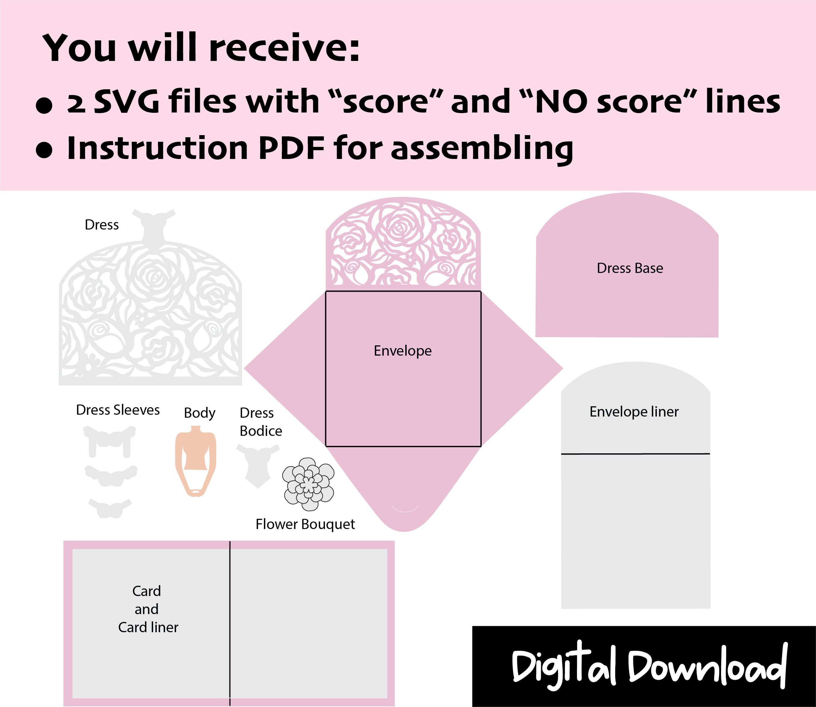 Lace Wedding Dress Card SVG Template for Cutting Machines, Party ...