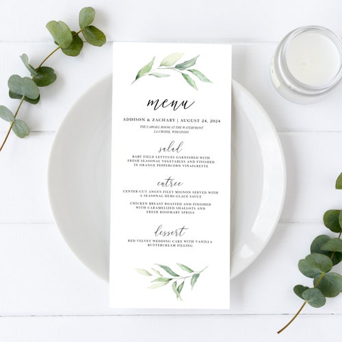 Greenery Menu Template Modern Elegant INSTANT DOWNLOAD - Etsy