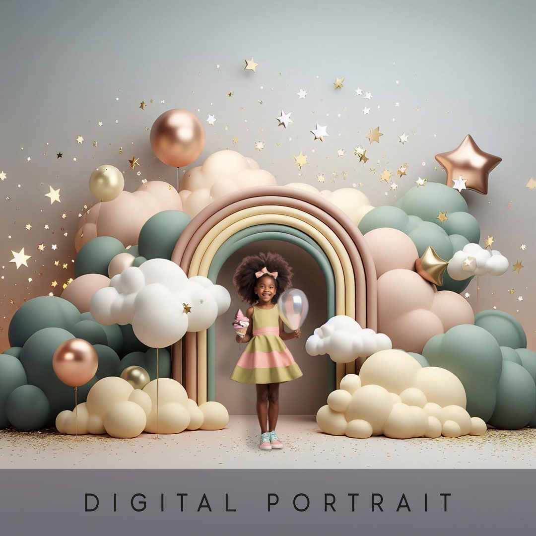 Personalized Birthday Photo Portrait: Rainbow, Balloons, Stars (digital ...
