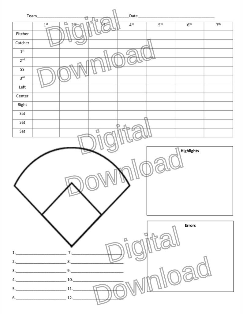 Softball Game Day Tracker Worksheet Baseball Game Sheet Lineup Batting ...