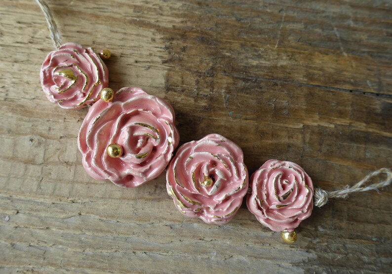 Pink Flowers Beads Set Ceramic Charms for Jewelry Handmade for Making ...