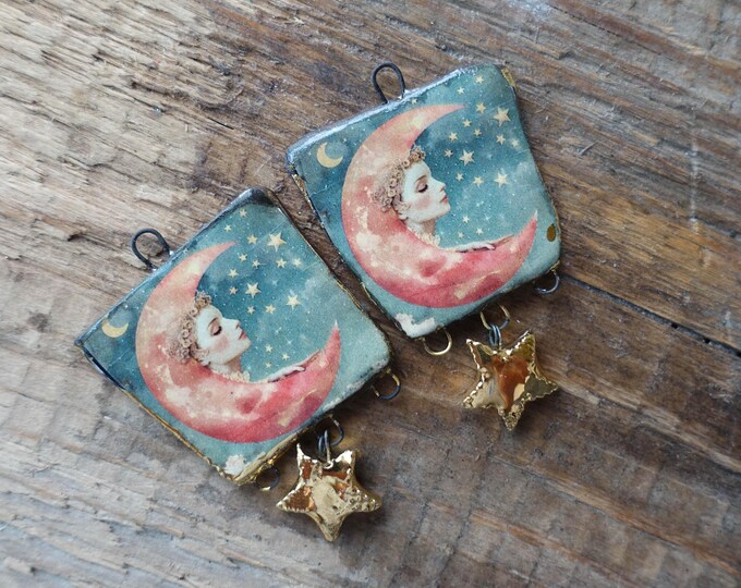 Moon and Stars Ceramic Charms for Jewelry Handmade . Pendants for ...