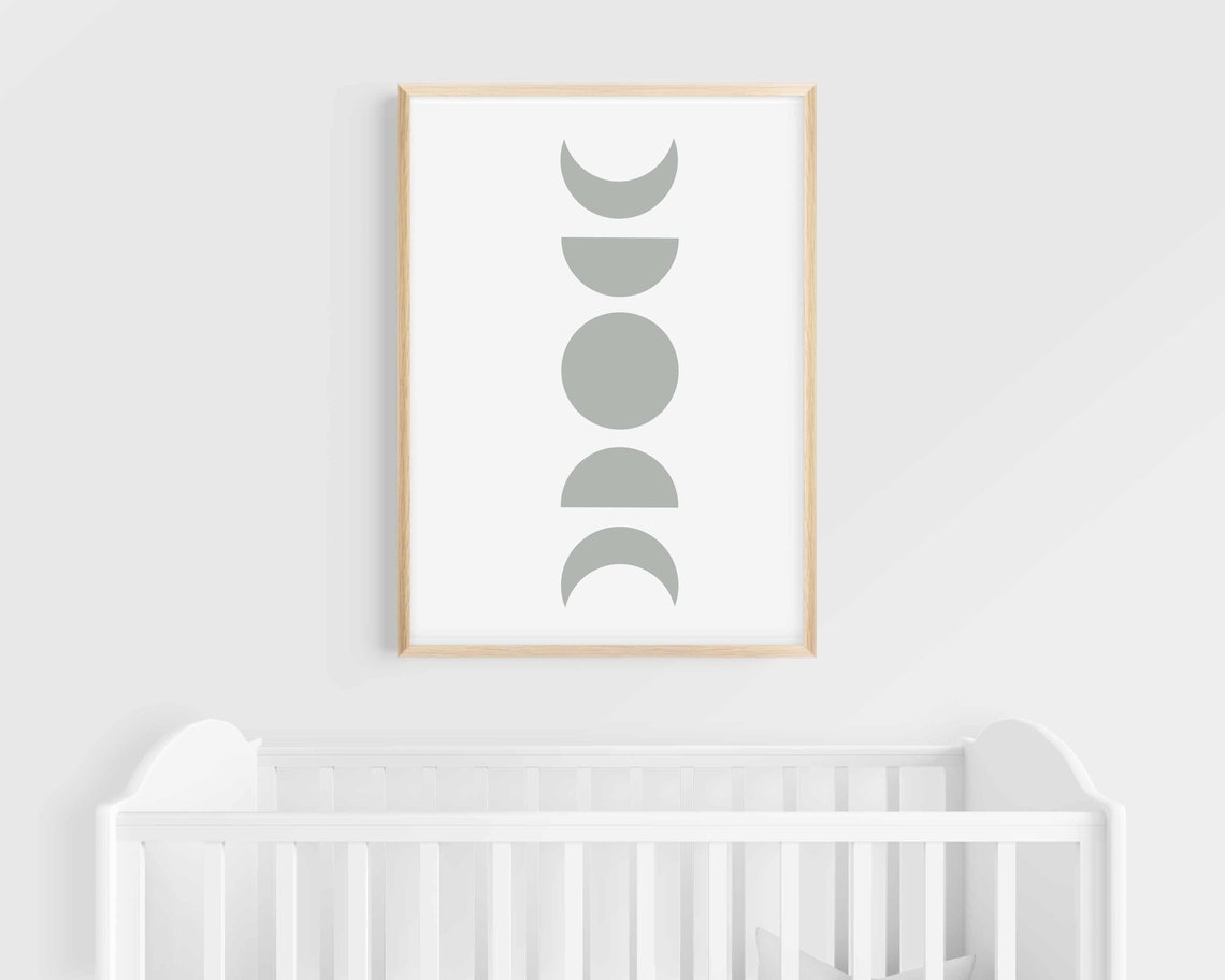 Green Sage Moon Phases Poster, Modern Nursery Printable Wall Art, Grey ...