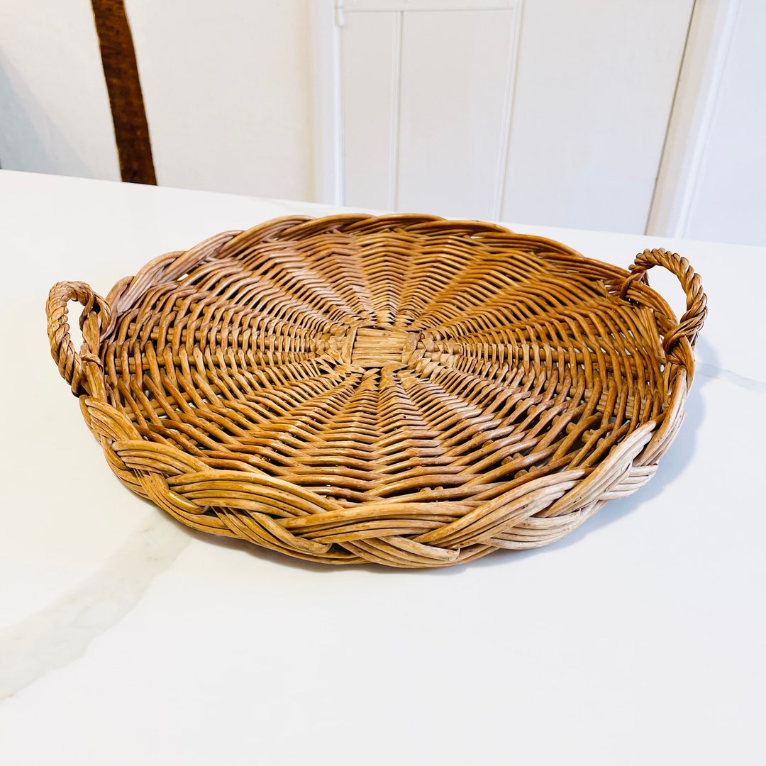 Vintage Wicker Woven Round Tray With Handles 32cm Diameter Display Boho ...