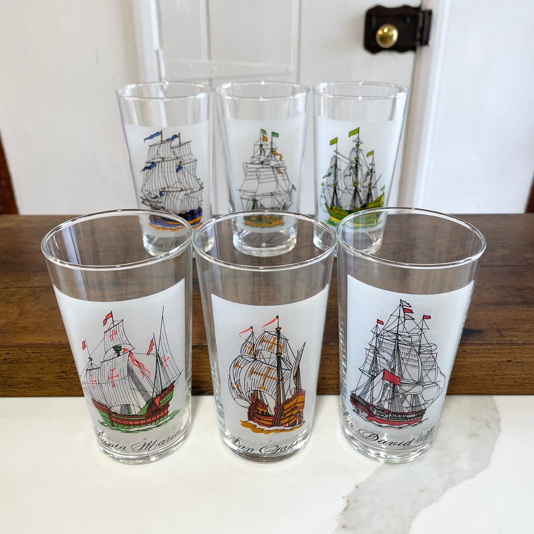 Vintage Sailing Ship Drinking Glasses Tumblers X 6 Set Sir David Scott ...