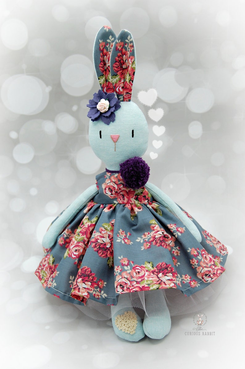 BLUE LINEN BUNNY in Blue Floral Dress Fabric Rabbit Handmade | Etsy