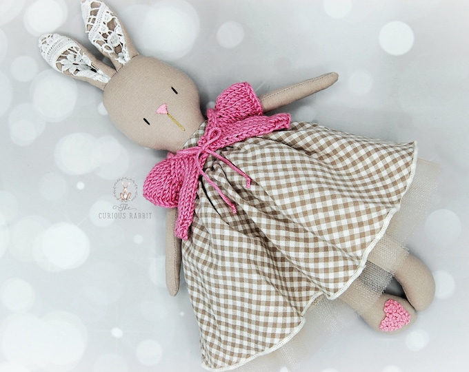 LINEN BUNNY in GINGHAM Dress & Lace Lined Ears Rabbit Handmade Rabbit ...