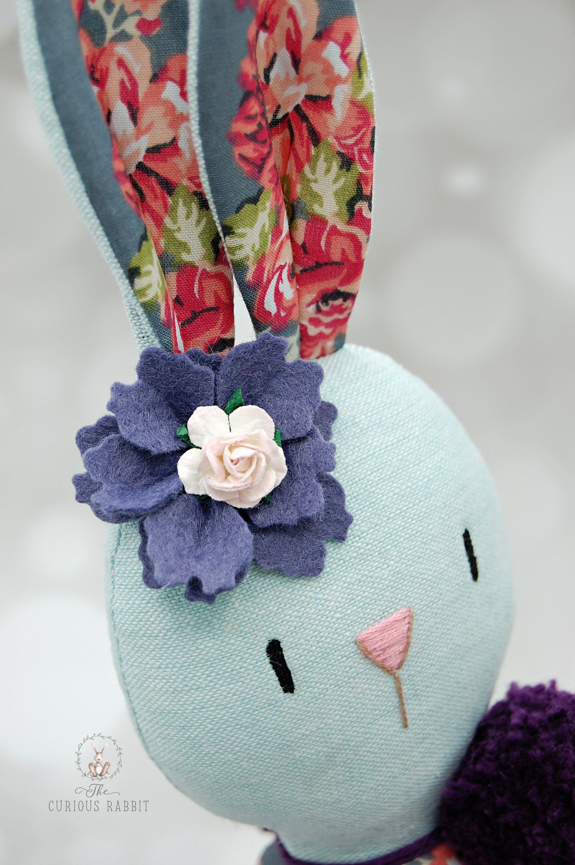 BLUE LINEN BUNNY in Blue Floral Dress Fabric Rabbit Handmade | Etsy