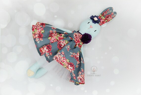 BLUE LINEN BUNNY in Blue Floral Dress Fabric Rabbit Handmade | Etsy
