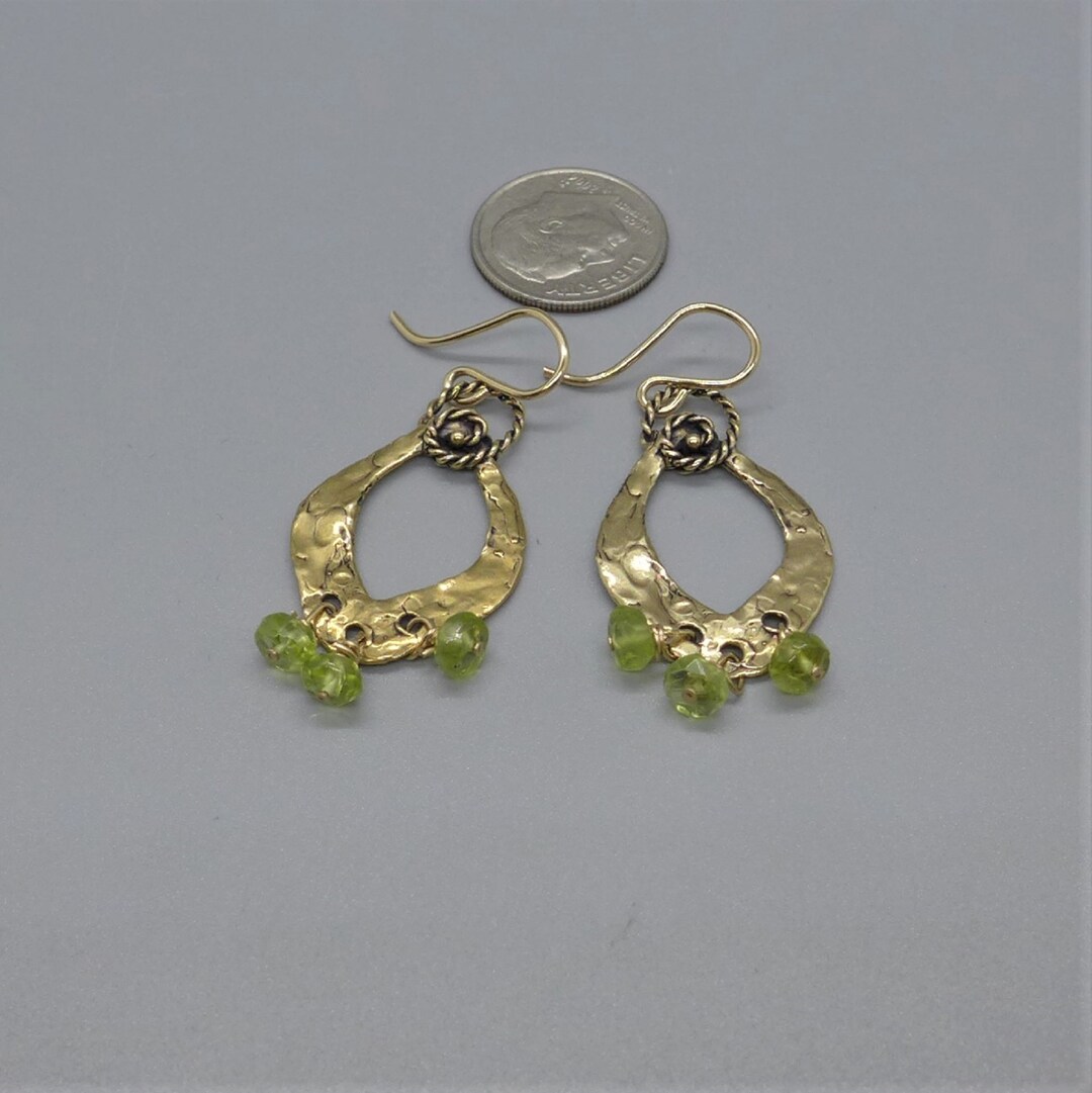 Gold Bronze Artisan Cast Earrings With Peridot Dangles - Etsy