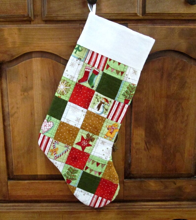 Scrappy Patchwork Quilted Christmas Stocking in Pale Green, Red, White, Gold, Dark Green, White ...