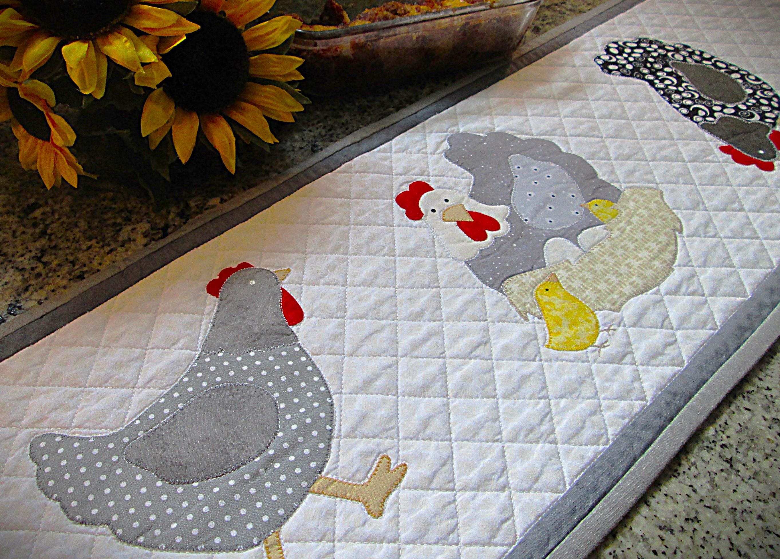 Modern Farmhouse, White Quilted Table Runner, Three Appliqued Hens and Chicks in Prints of Gray ...