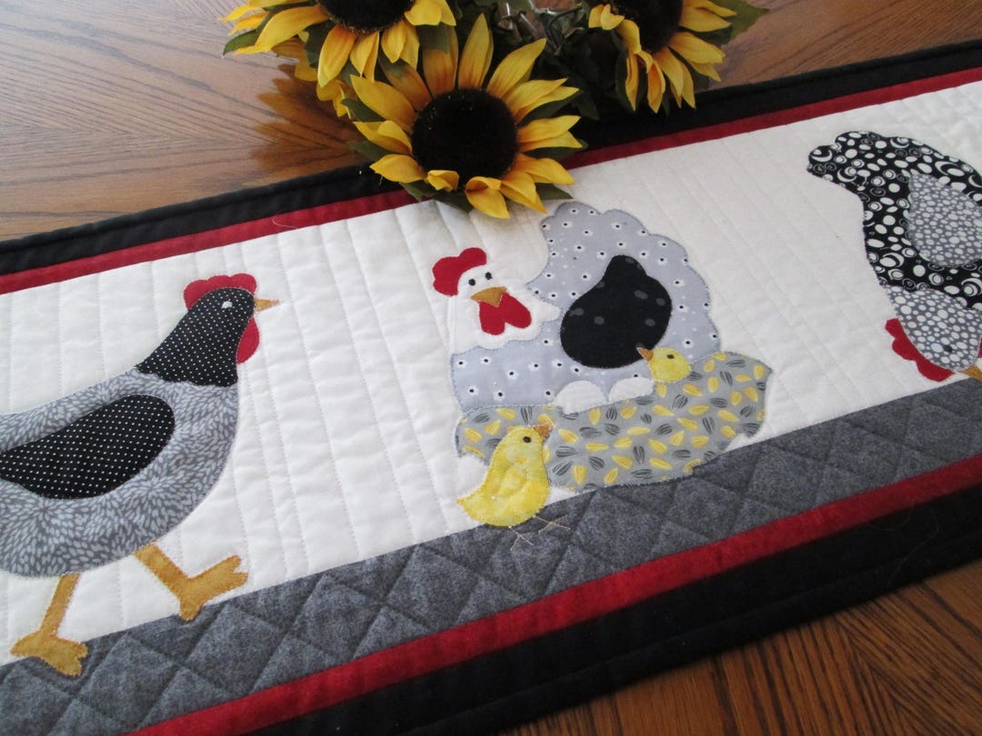 Modern Farmhouse, White Quilted Table Runner, Three Appliqued Hens and ...