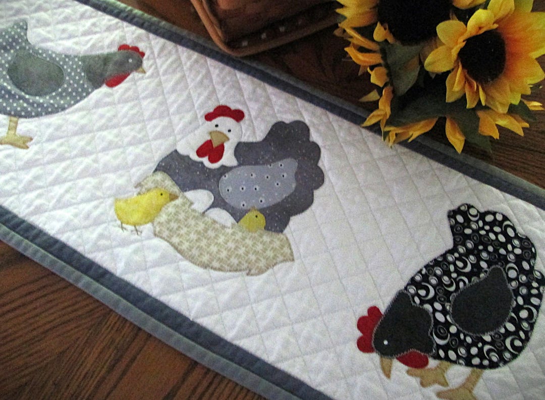 Modern Farmhouse, White Quilted Table Runner, Three Appliqued Hens and Chicks in Prints of Gray ...