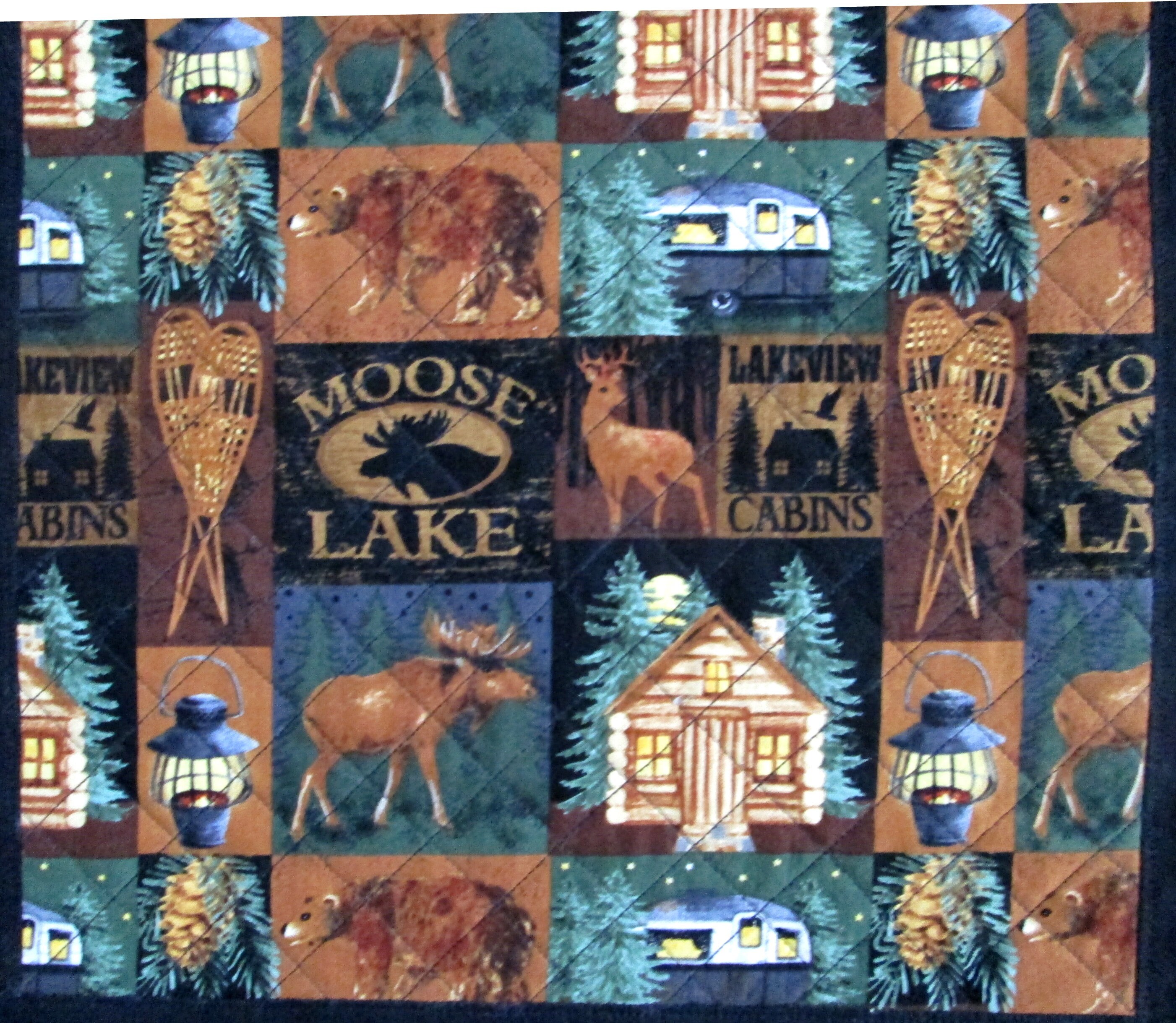 Quilted Pillow Cover Mountain Lodge Patchwork of Moose, Bear, Log Cabin ...