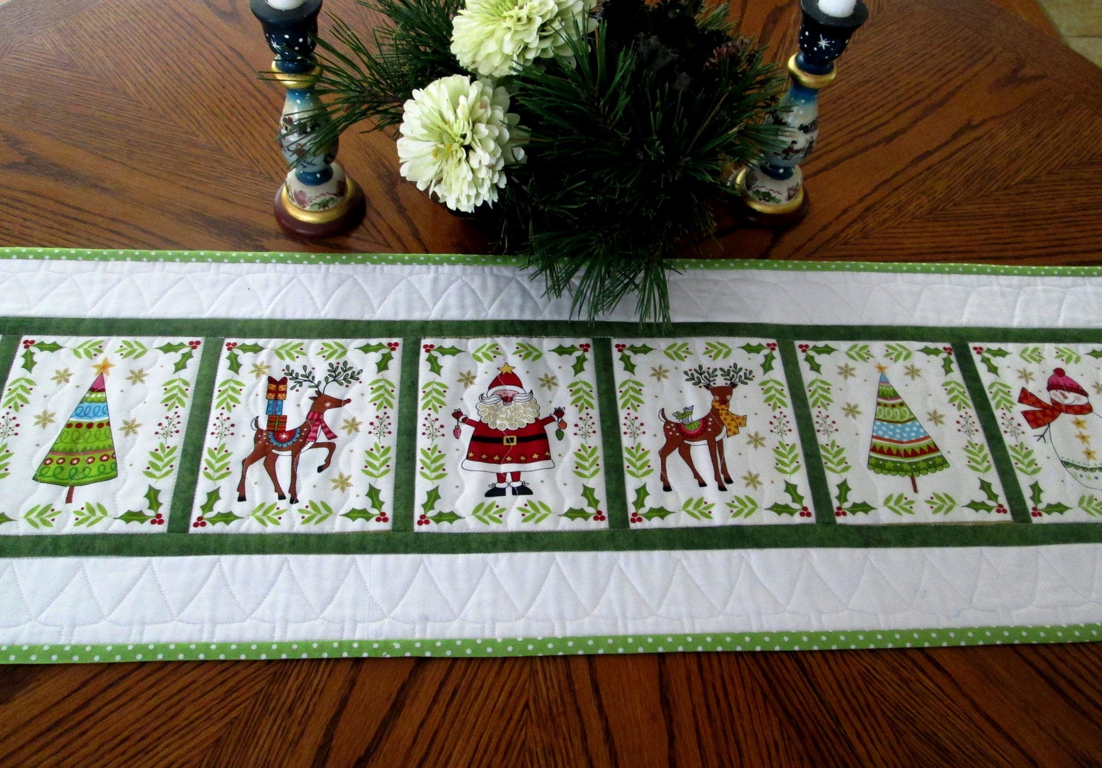 Festive Table Runner With Small Panels of Christmas Images Including ...