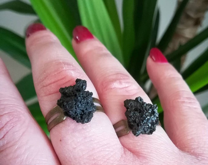 Black Lava Ring, Gold Black Stone Ring, Natural Stone, Gold Ring, Black ...
