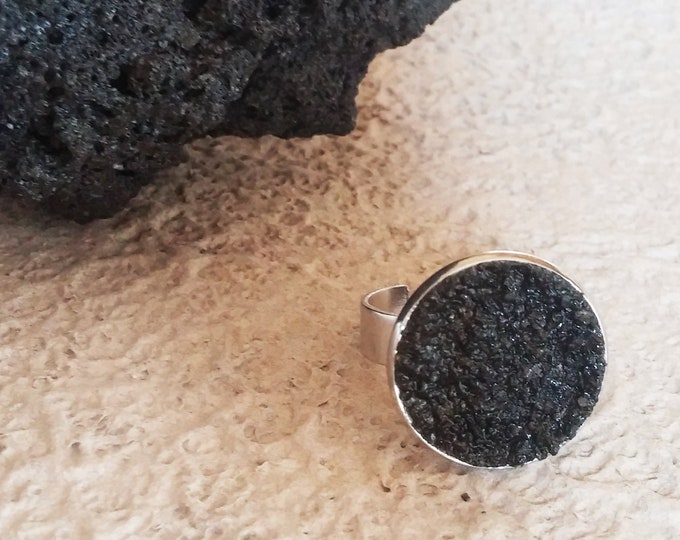 Black Round Lava Stone Ring, Made With Sterling Silver, Big Black Ring ...