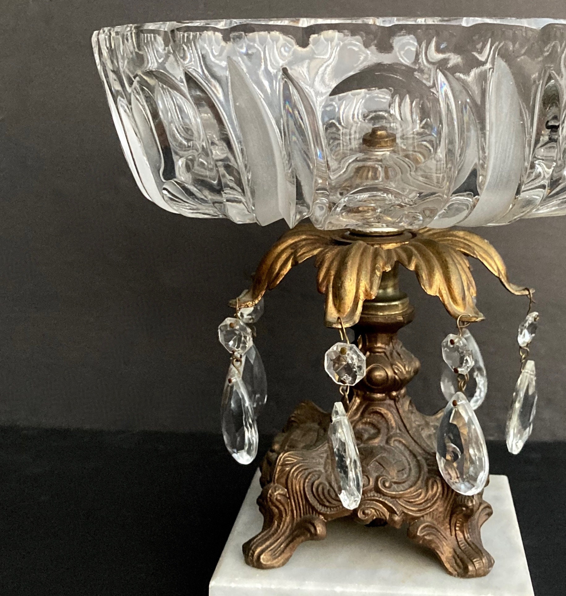 Vintage Compote Centerpiece. Cut and Etched Glass Bowl on Brass ...