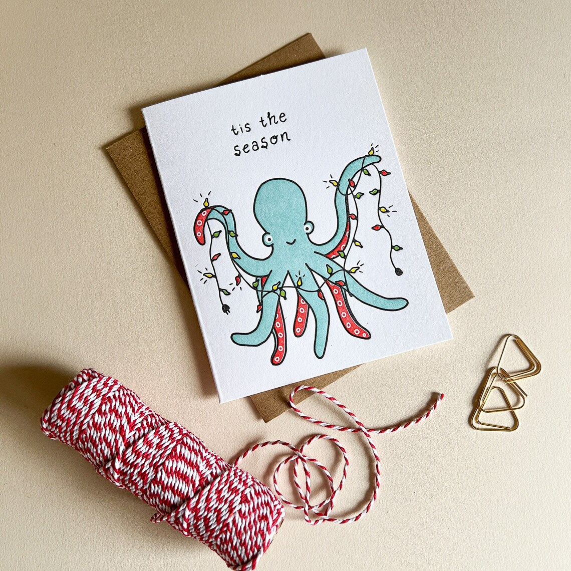 Letterpress Christmas Octopus Holiday Card - Etsy