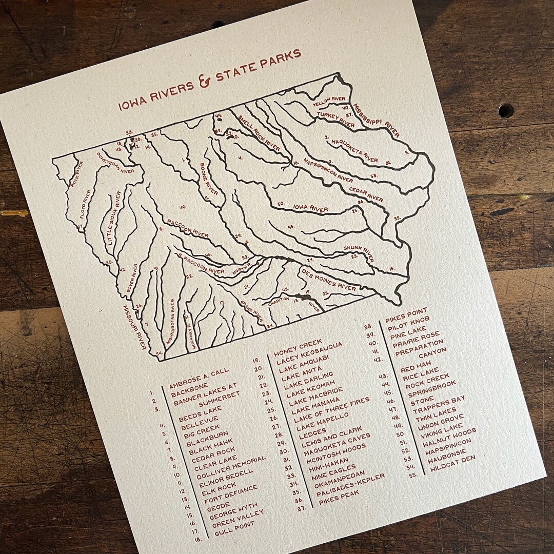 Iowa Rivers & State Parks Print, Letterpress Print, 8x10 Illustration ...