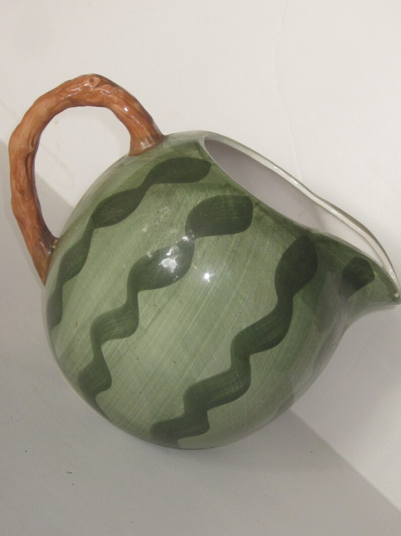 Round WATERMELON PITCHER- Vintage Handpainted Glazed Watermelon Summer ...