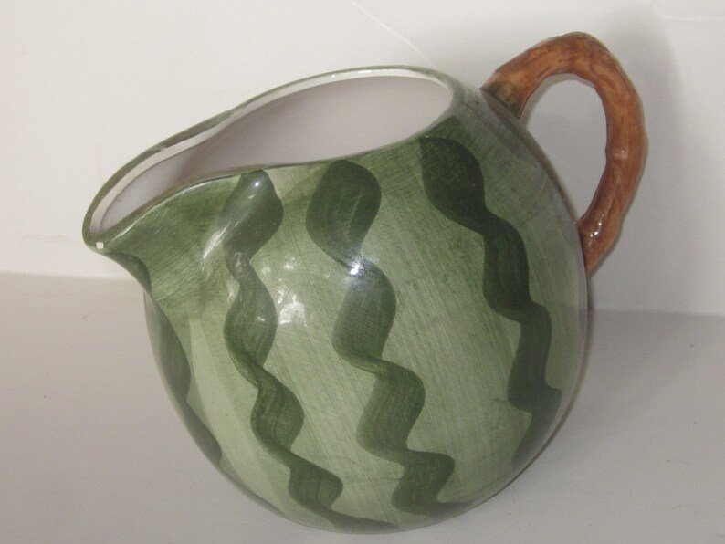 Round WATERMELON PITCHER- Vintage Handpainted Glazed Watermelon Summer ...