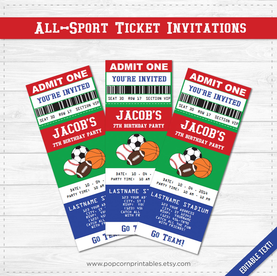All Sports Ticket Invitations Printables Editable Text PDF | Etsy