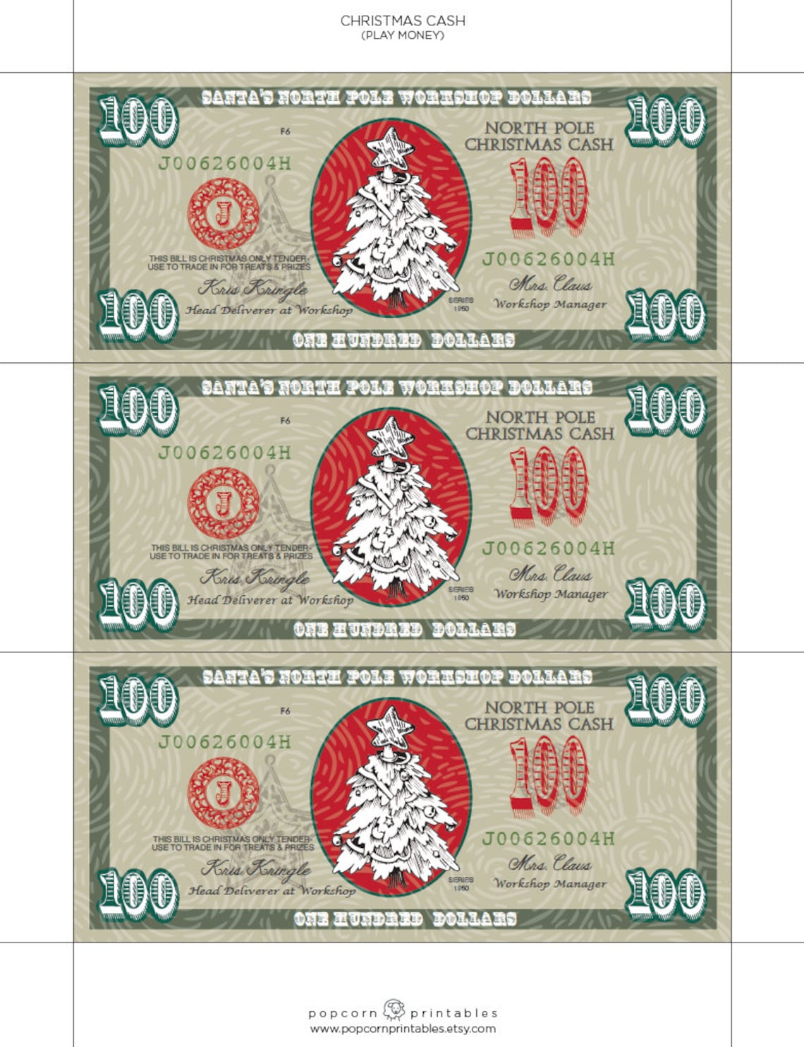 Christmas Cash - Play Money - Instant Download PDF File - School Party ...