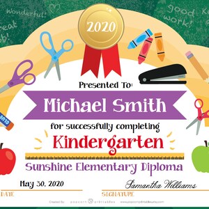Elementary School Graduation Diploma Certificate Kindergarten Instant ...